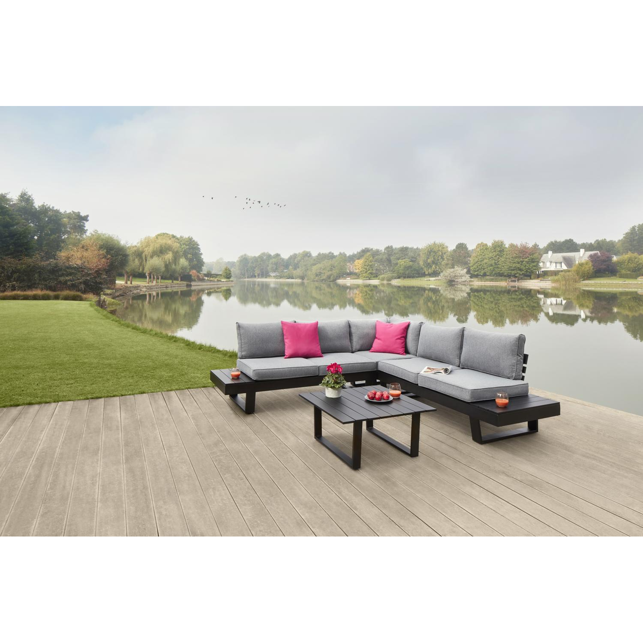Alora loungehoek in zwart aluminium met grijs polyester kussens en ...