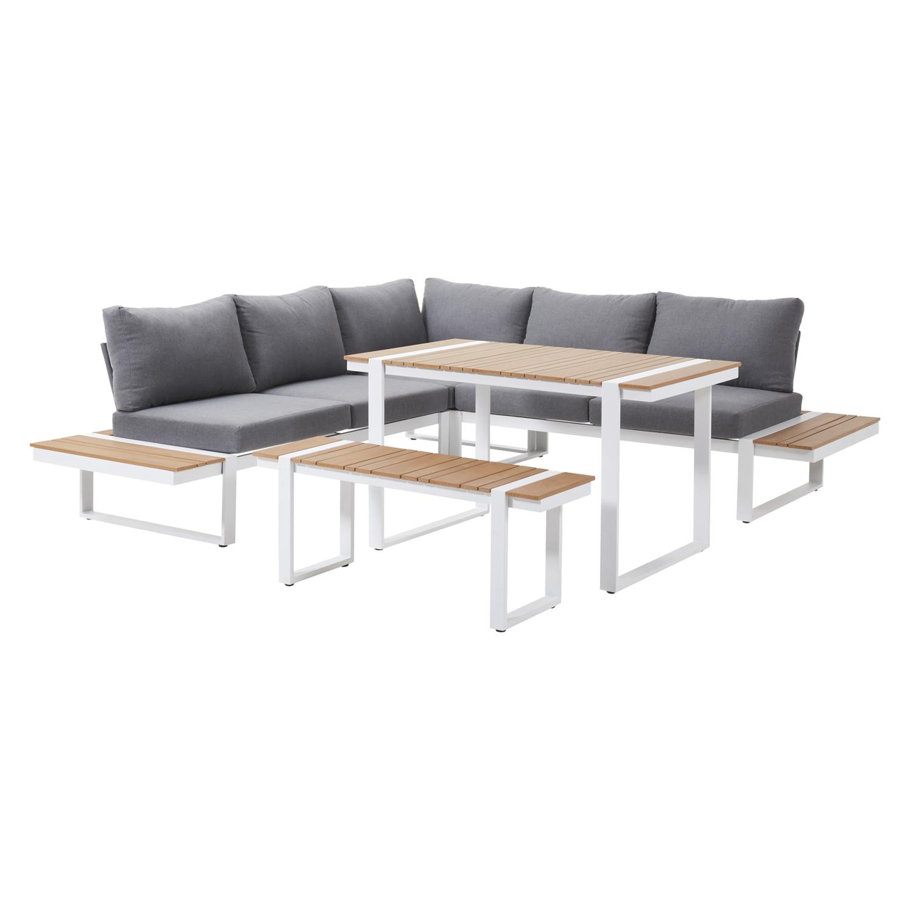 Merida loungehoek in wit aluminium en polywood met grijs polyester ...