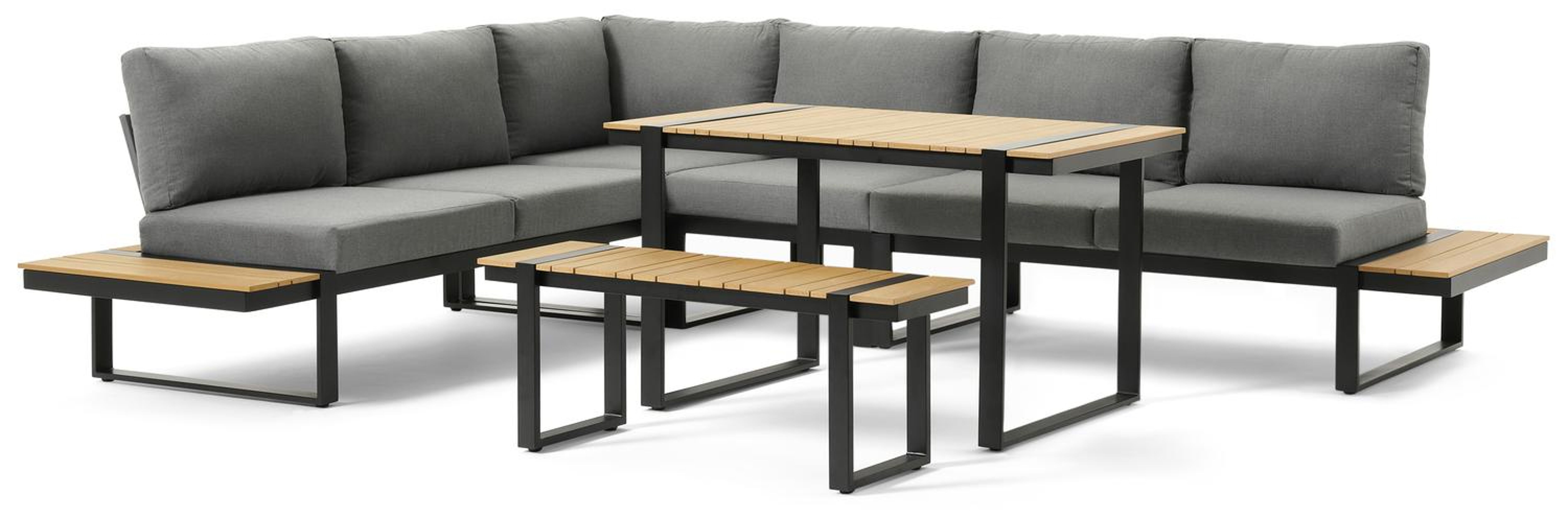 Merida loungehoek in zwart aluminium en polywood met grijs polyester ...