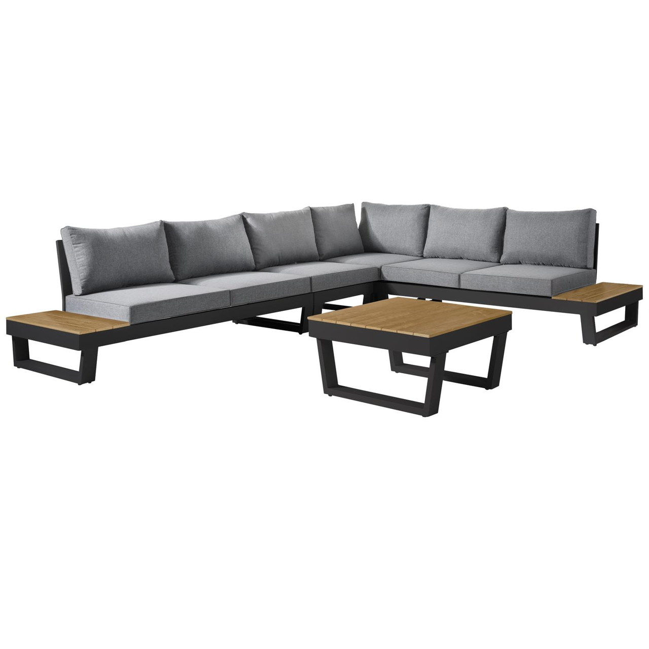 Alora loungehoek in zwart aluminium en polywood met grijs polyester ...